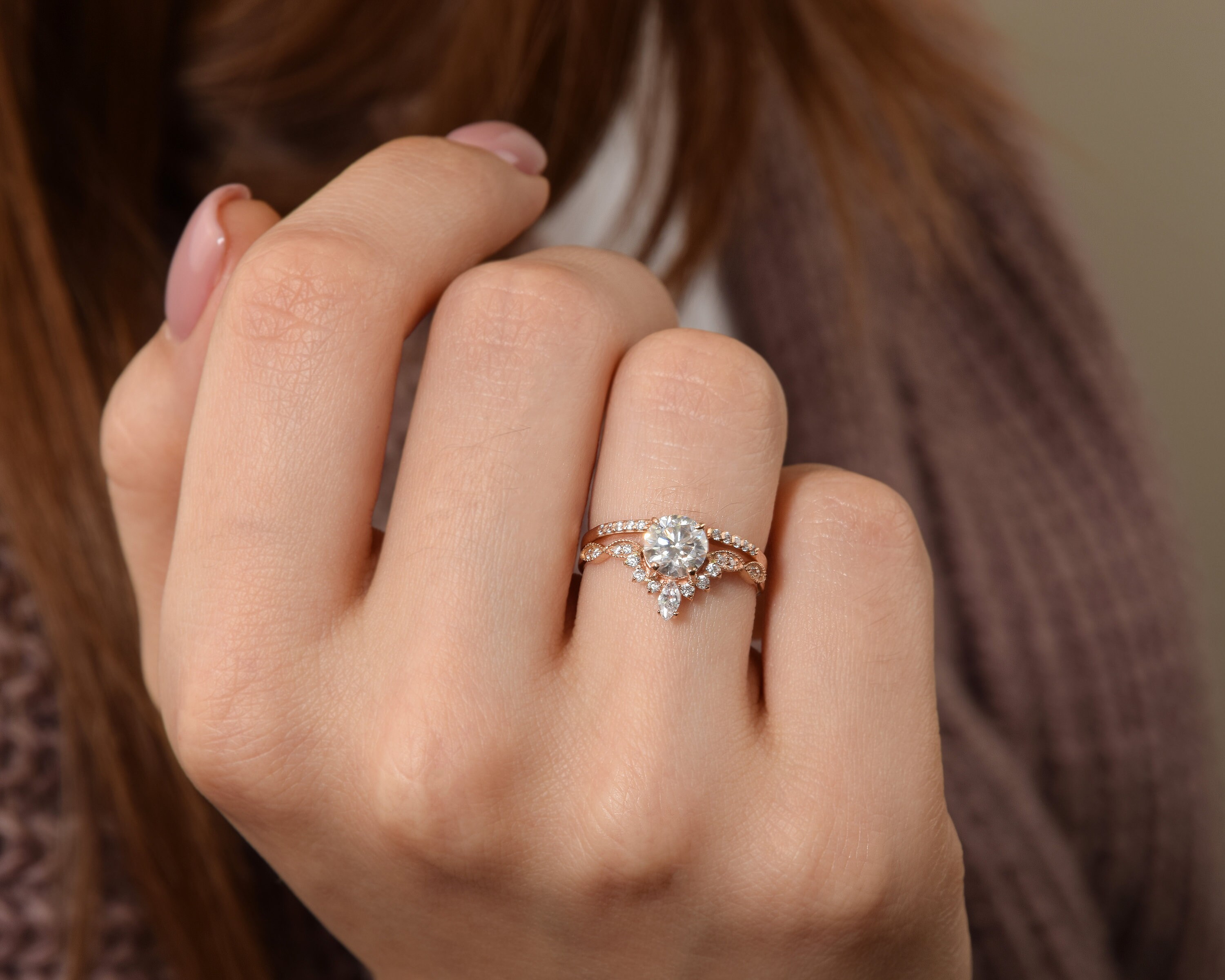 Dainty antique style art deco womens engagement rings set | Etsy