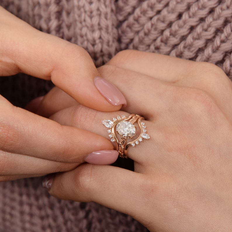 Unique 14k Rose Gold Victorian Wedding Rings Set Dainty | Etsy