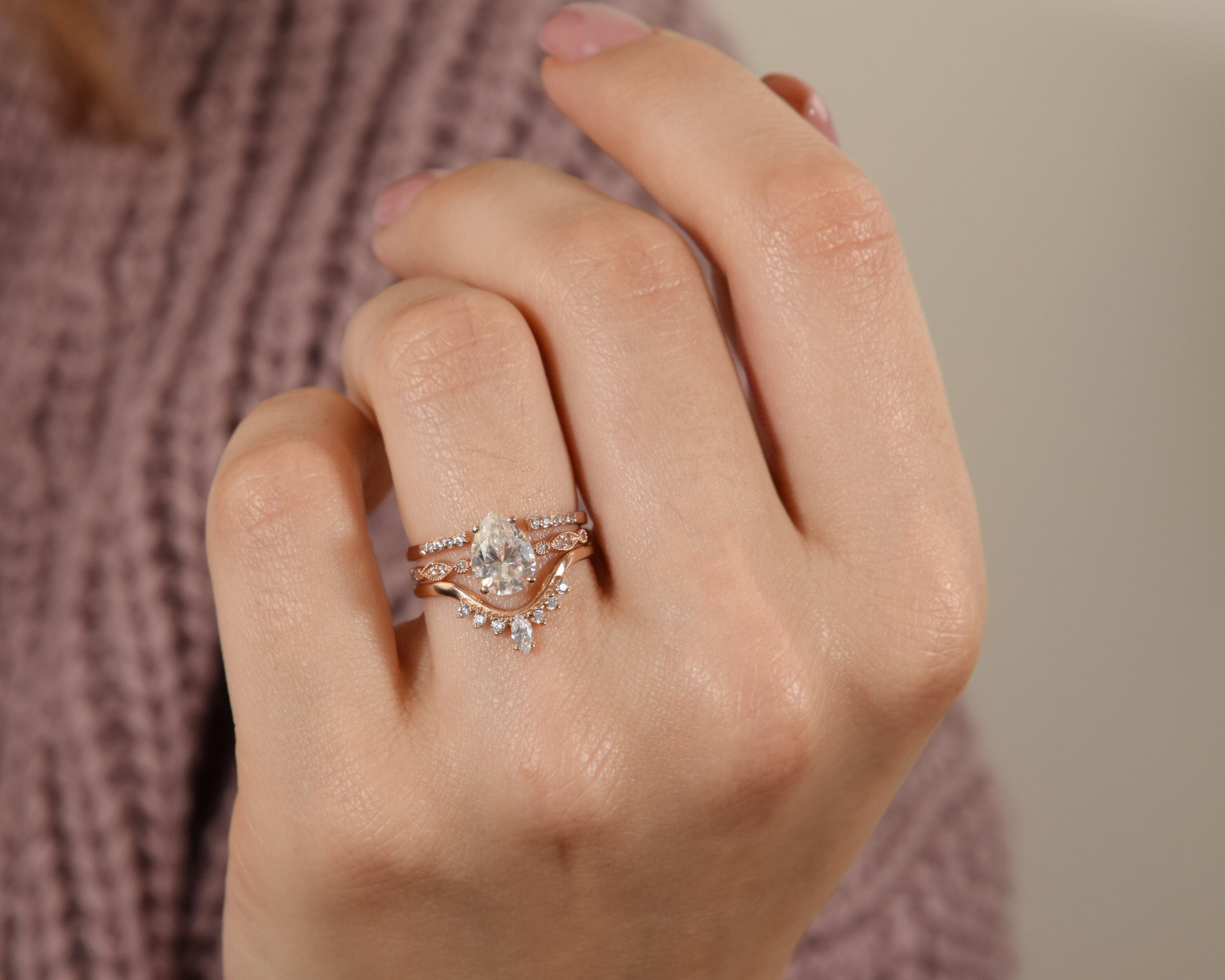 Unique 14k rose gold womens art deco wedding rings set | Etsy