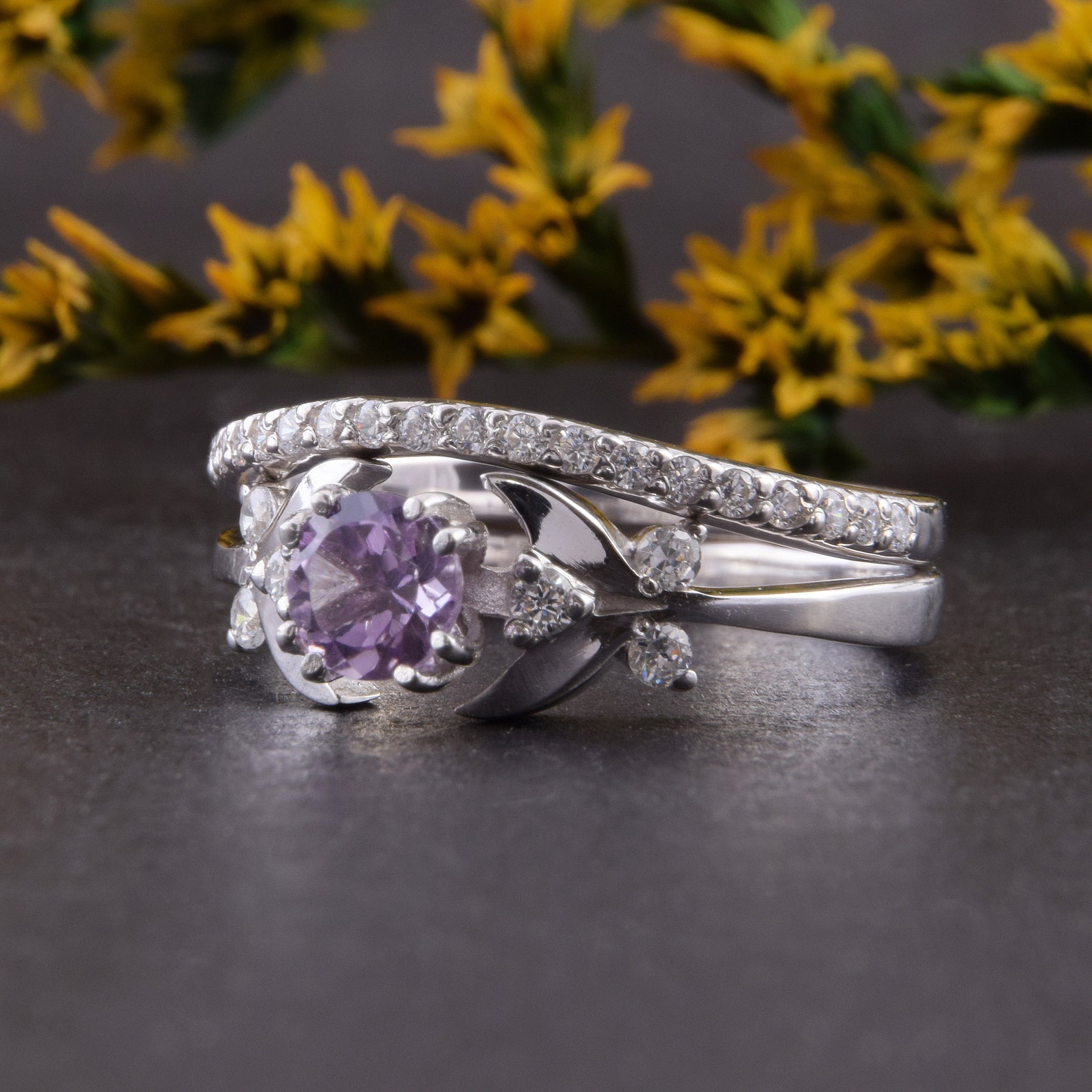 Unique Amethyst Wedding Rings Set Sterling Silver Wedding - Etsy