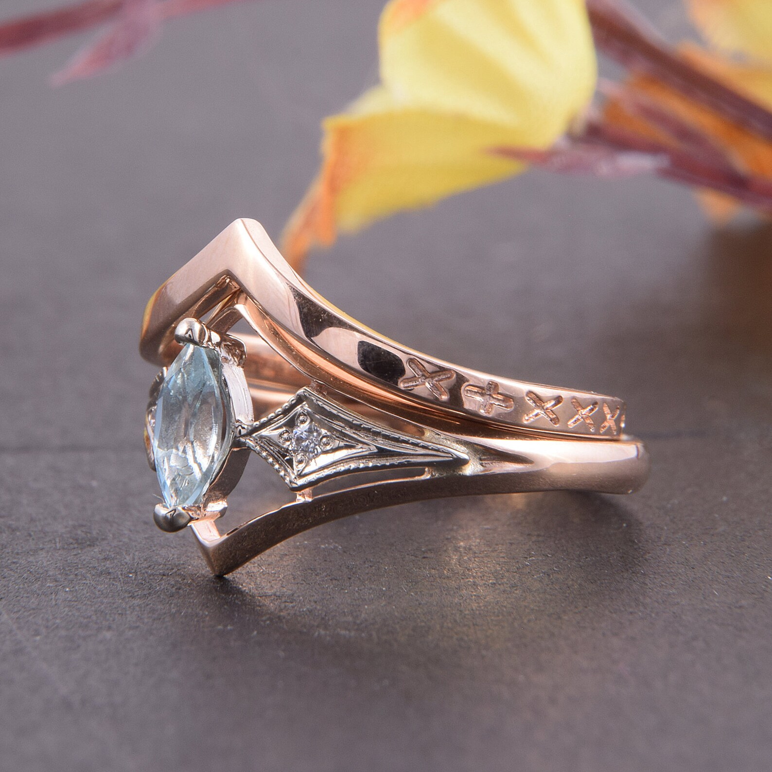 Gold Rings Set Art Deco Rings Set 14k Rings Set Wedding - Etsy