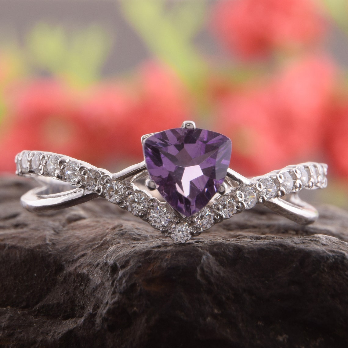 Amethyst ring Trillion cut ring Antique ring Art deco ring | Etsy