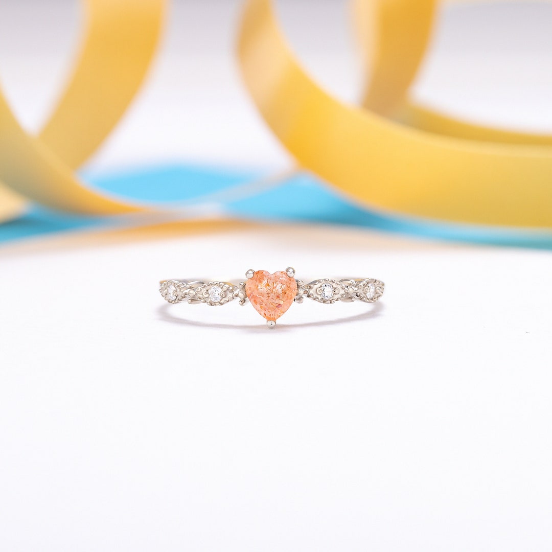 Unique Silver Heart Sunstone Engagement Ring, Art Deco Heart Sunstone ...