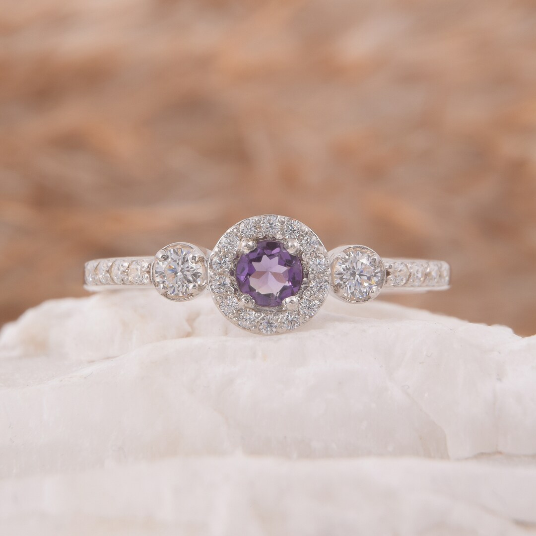 Womens Art Deco Style Purple Amethyst Engagement Ring, Dainty Sterling ...