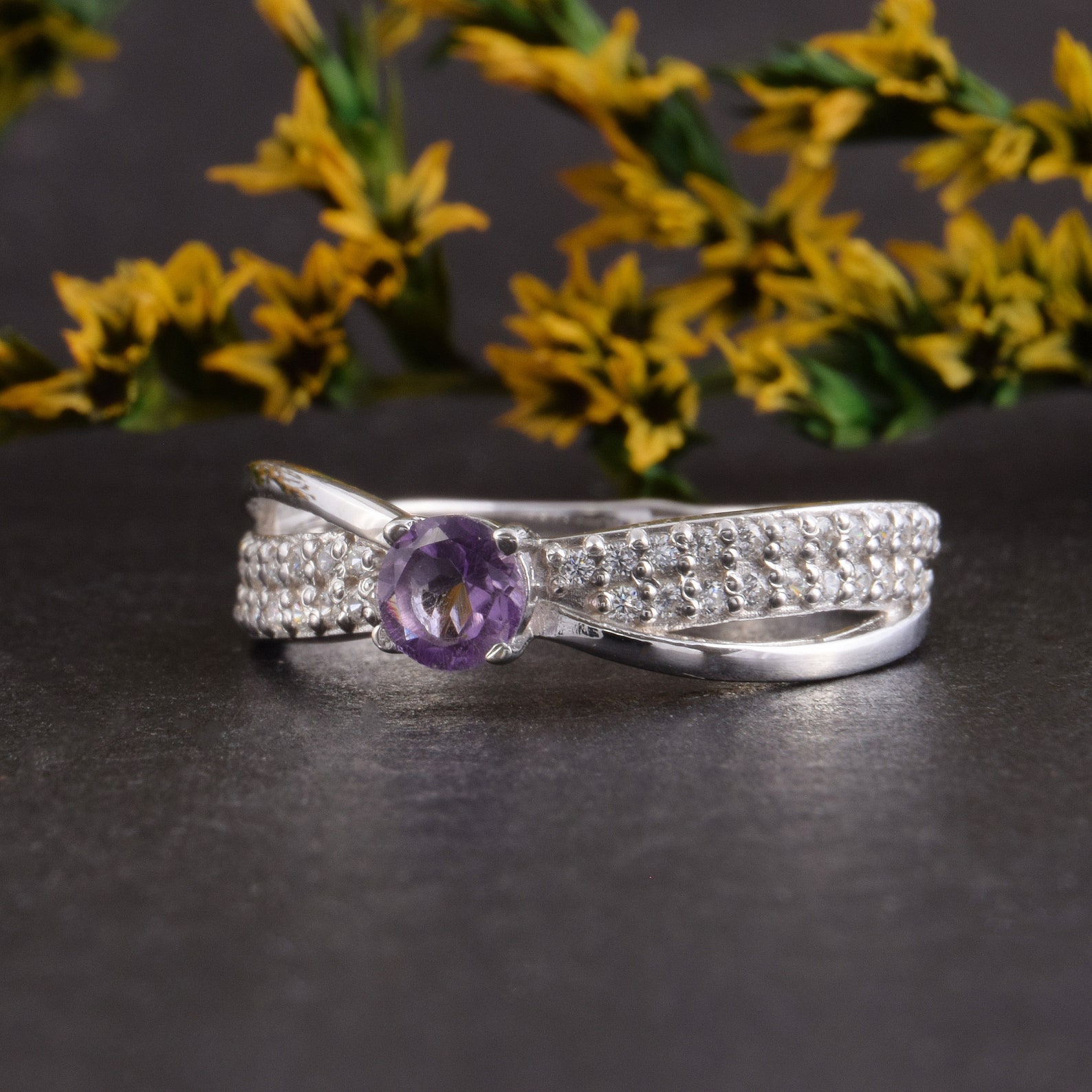 Silver Twisted Amethyst Promise Ring for Her, Dainty & Simple Womens ...