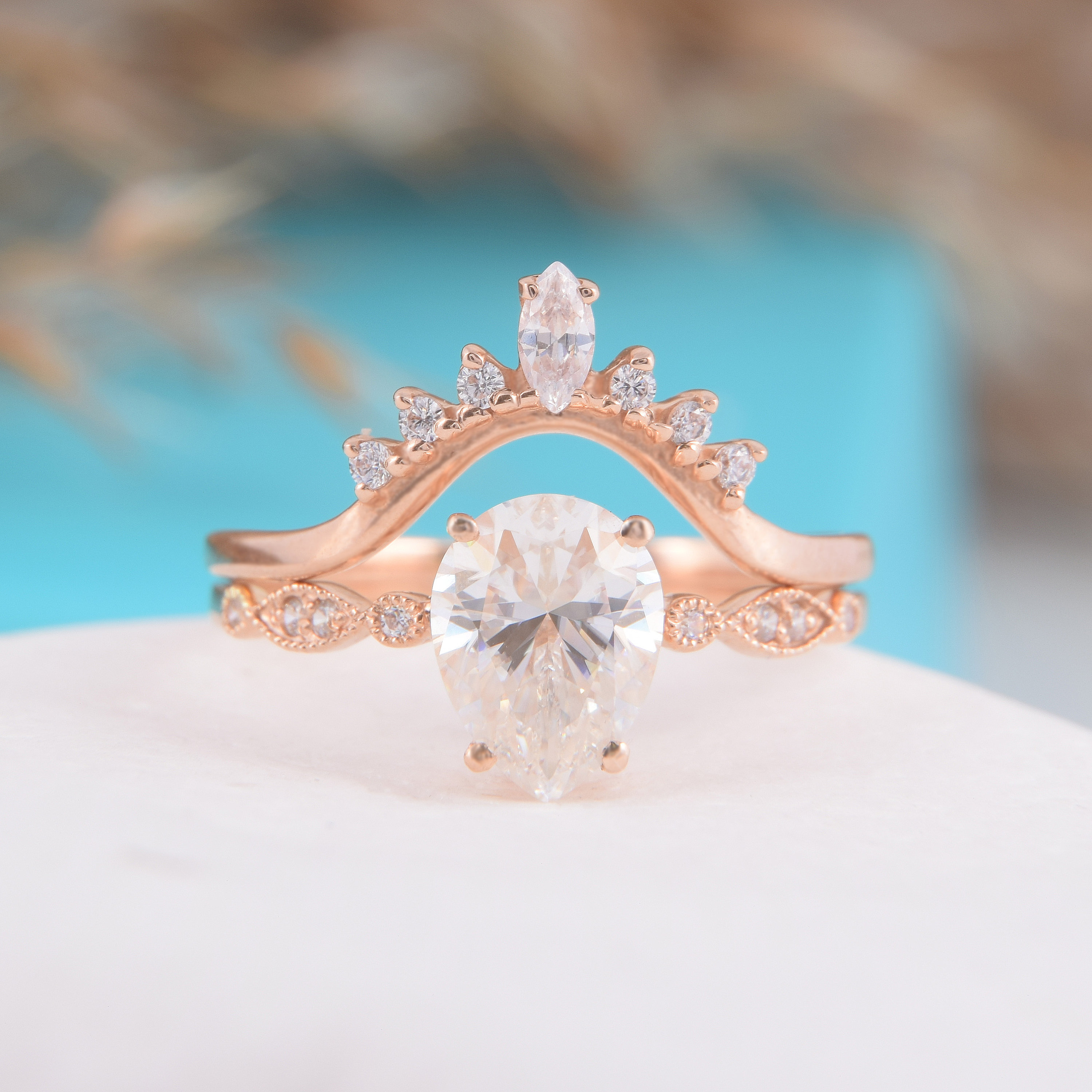 Antique Style Victorian Wedding Rings Set, Unique 14k Rose Gold Pear ...