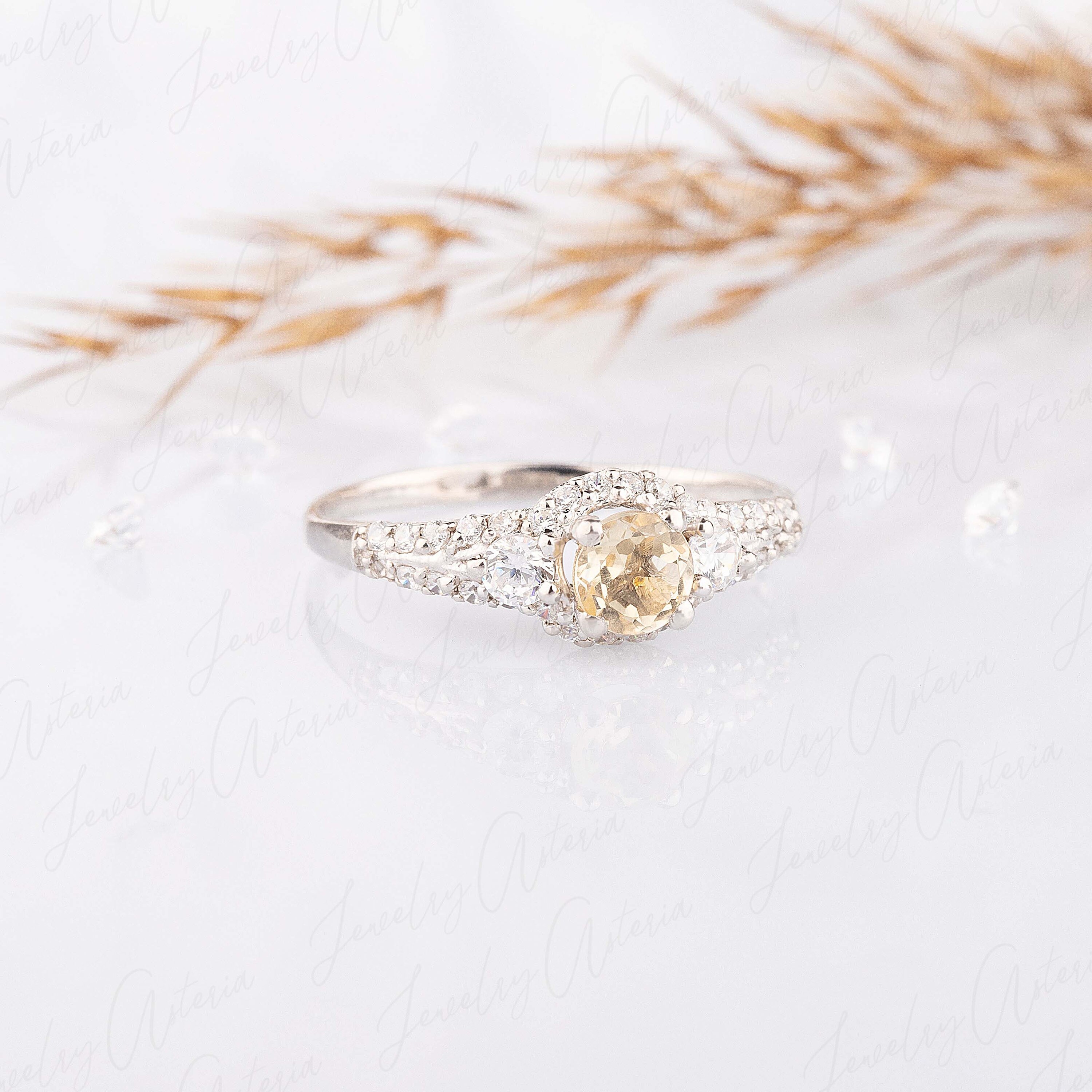 Dainty 925 Sterling Silver Citrine Engagement Ring, Halo November ...