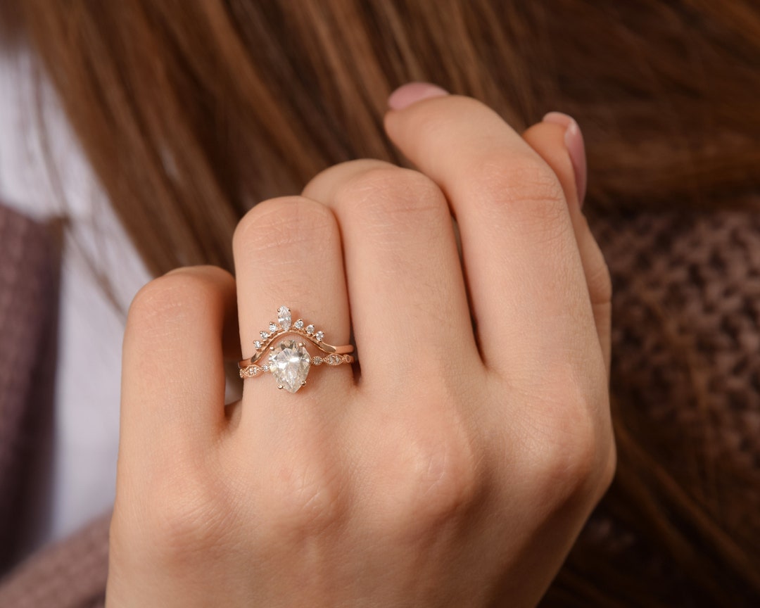 Antique Style Victorian Wedding Rings Set, Unique 14k Rose Gold Pear ...