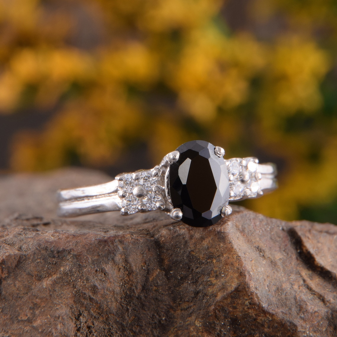 Personalized ring Black ring Black stone ring Silver ring | Etsy