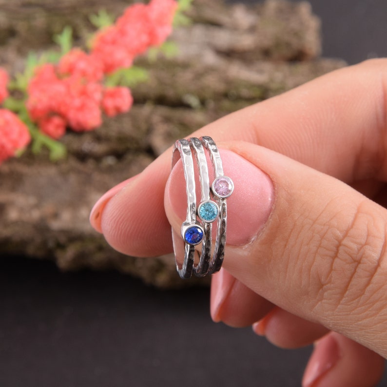 Dainty Birthstone Ring Stacking Ring Mom Rings Set Hammered | Etsy