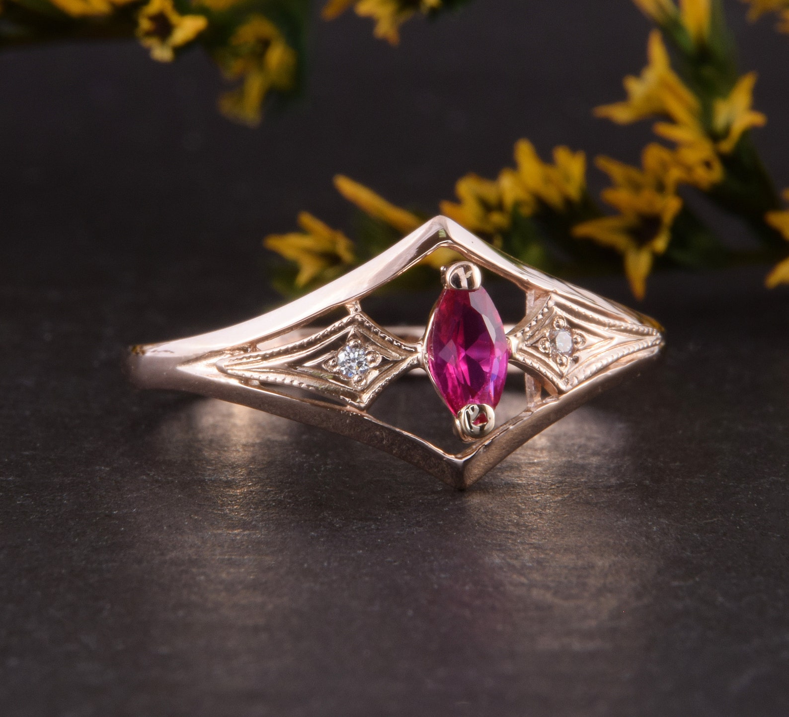 14k Rose Gold Art Deco Ruby Promise Ring for Her, Womens Antique Ruby ...