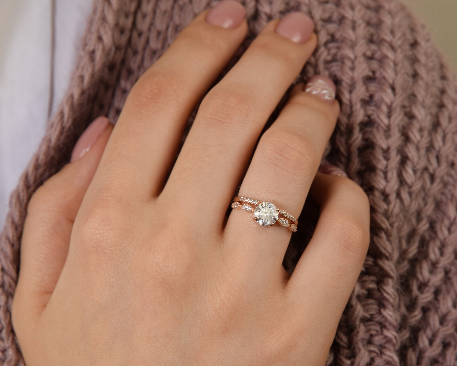 14k Rose Gold Dainty Art Deco Womens Wedding Rings Set, Unique Tiny ...