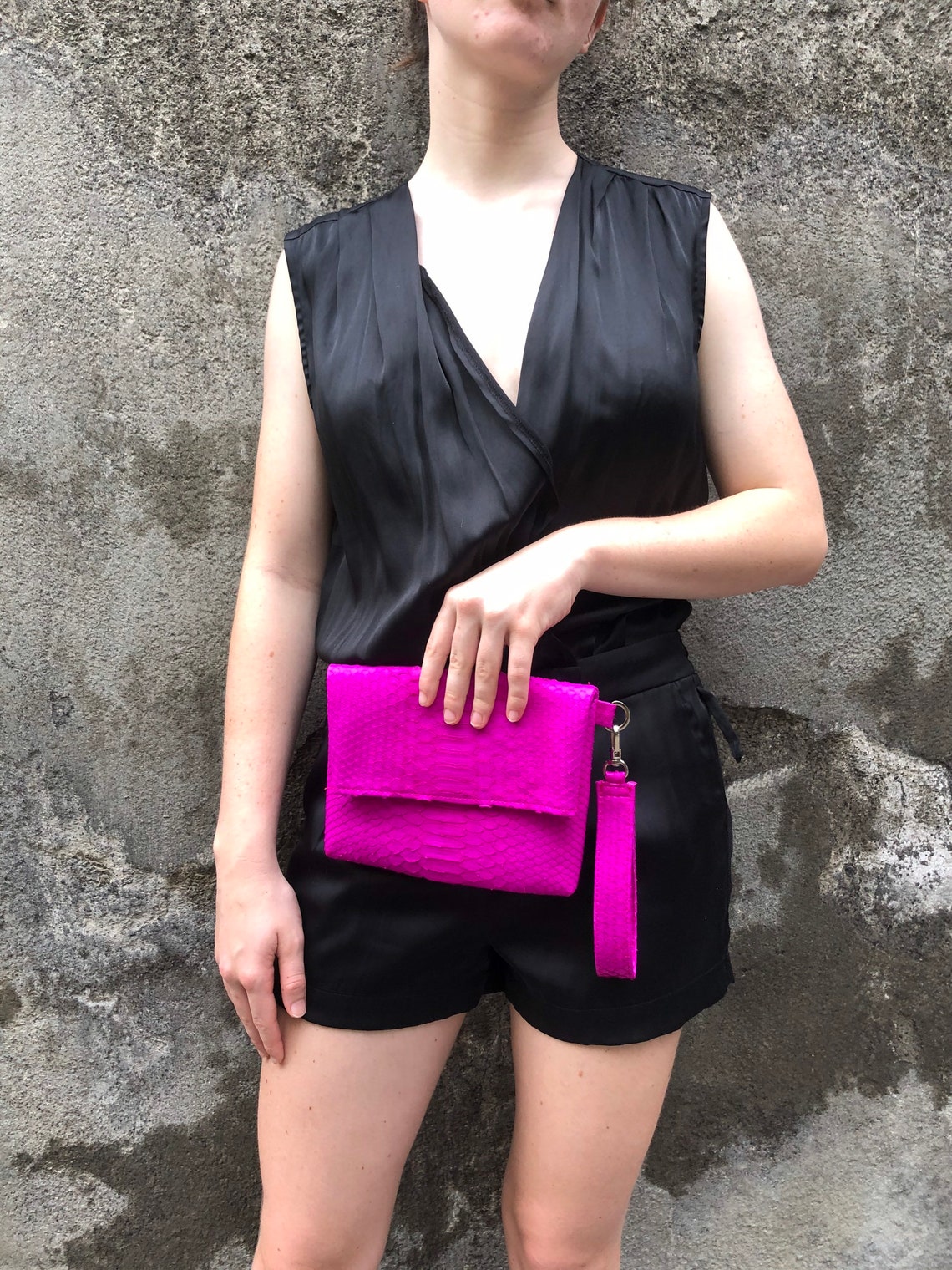 Hot Pink Python Leather Wristlet Clutch Small Leather Evening | Etsy