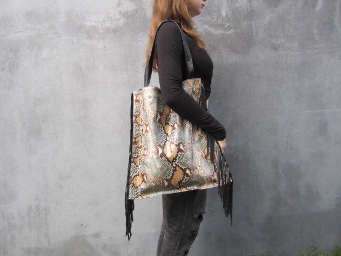 Python Leather Fringe Tote Bag Slouchy Boho Fringe Bag | Etsy