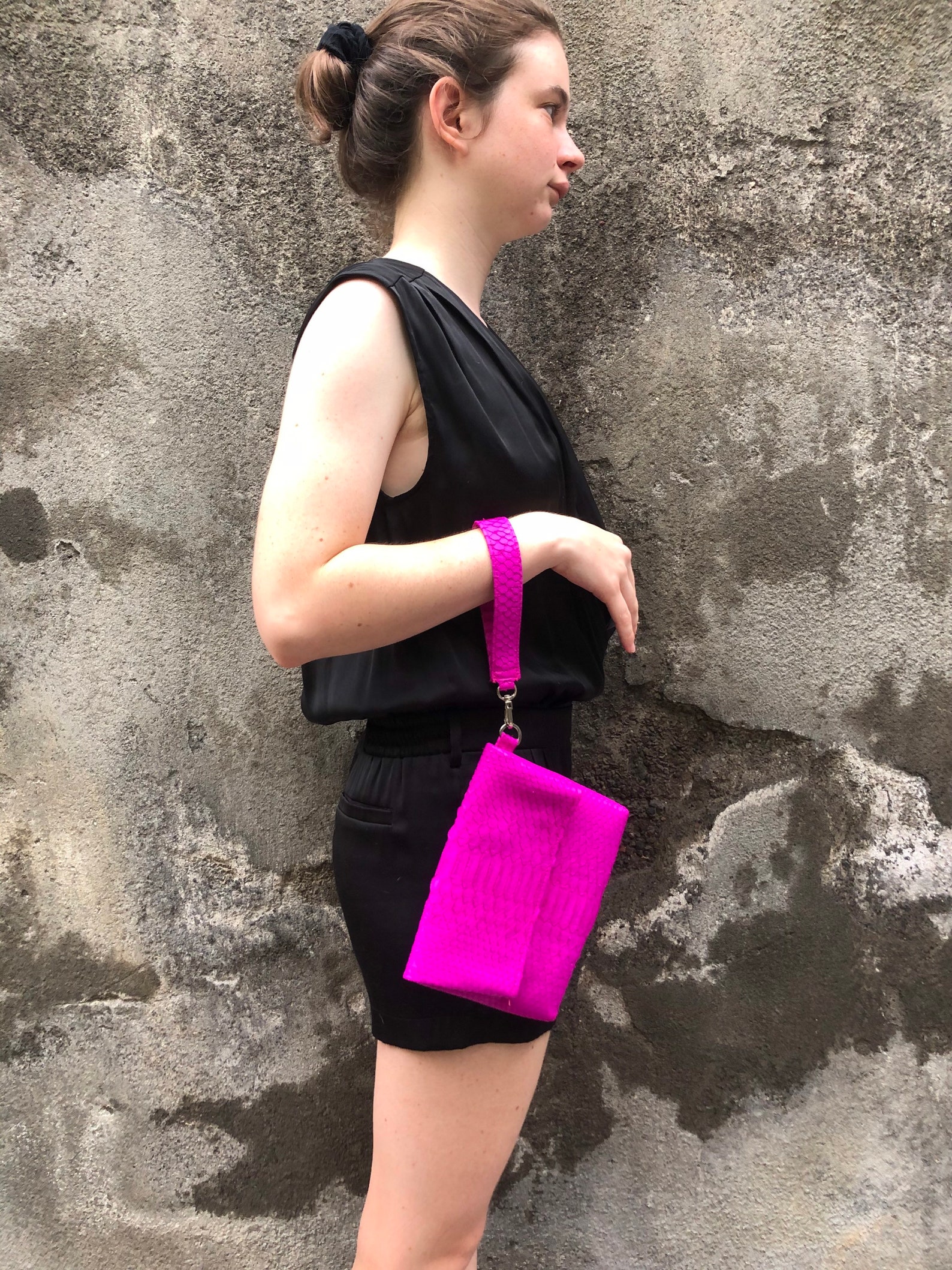 Hot Pink Python Leather Wristlet Clutch Small Leather Evening | Etsy