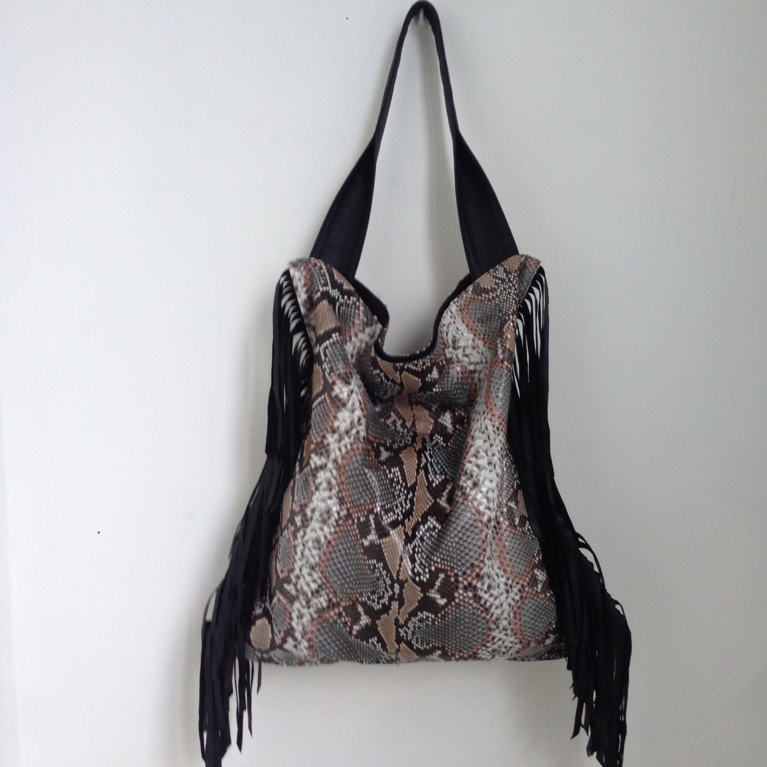 Python Leather Fringe Tote Bag Slouchy Boho Fringe Bag | Etsy