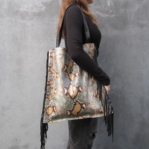 Python Leather Fringe Tote Bag Slouchy Boho Fringe Bag - Etsy