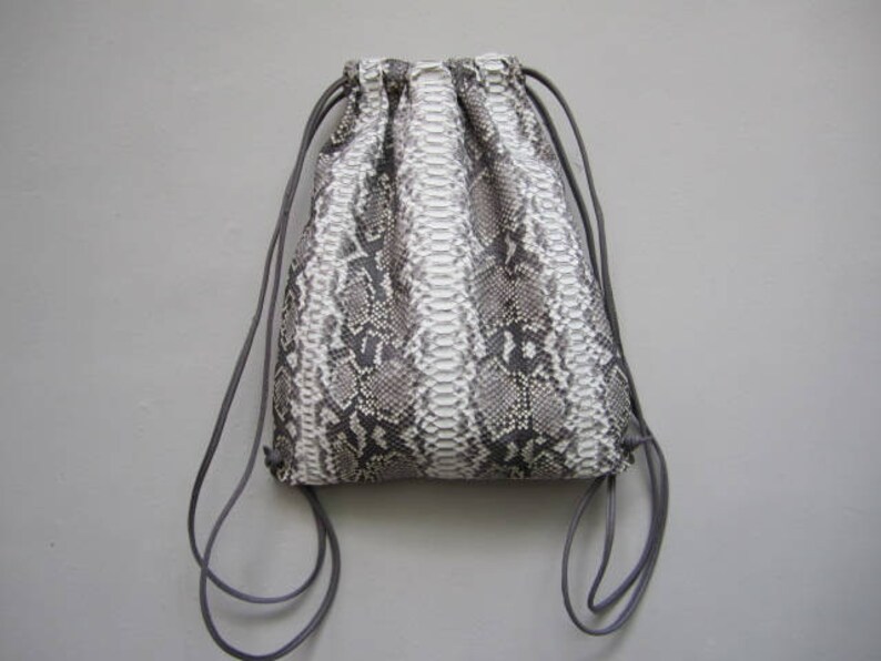 Grey Python Leather Drawstring Backpack Unisex Leather | Etsy