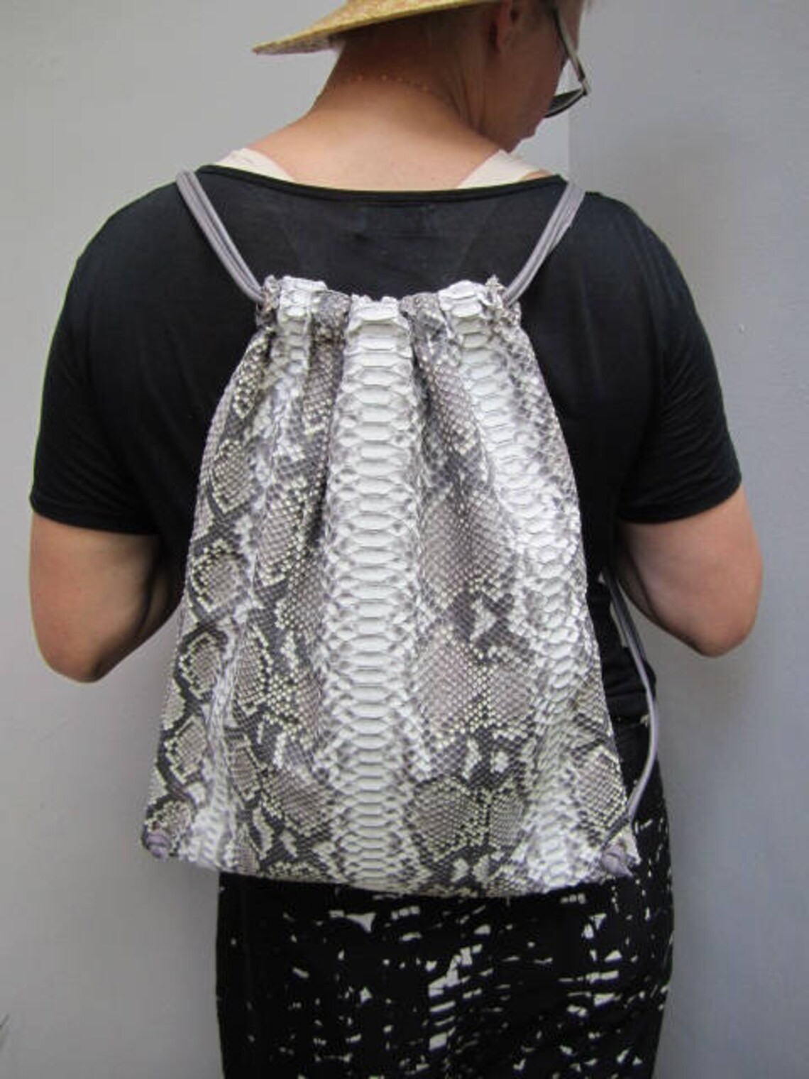 Grey Python Leather Drawstring Backpack Unisex Leather | Etsy
