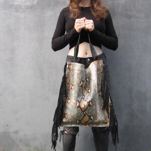Python Leather Fringe Tote Bag Slouchy Boho Fringe Bag - Etsy