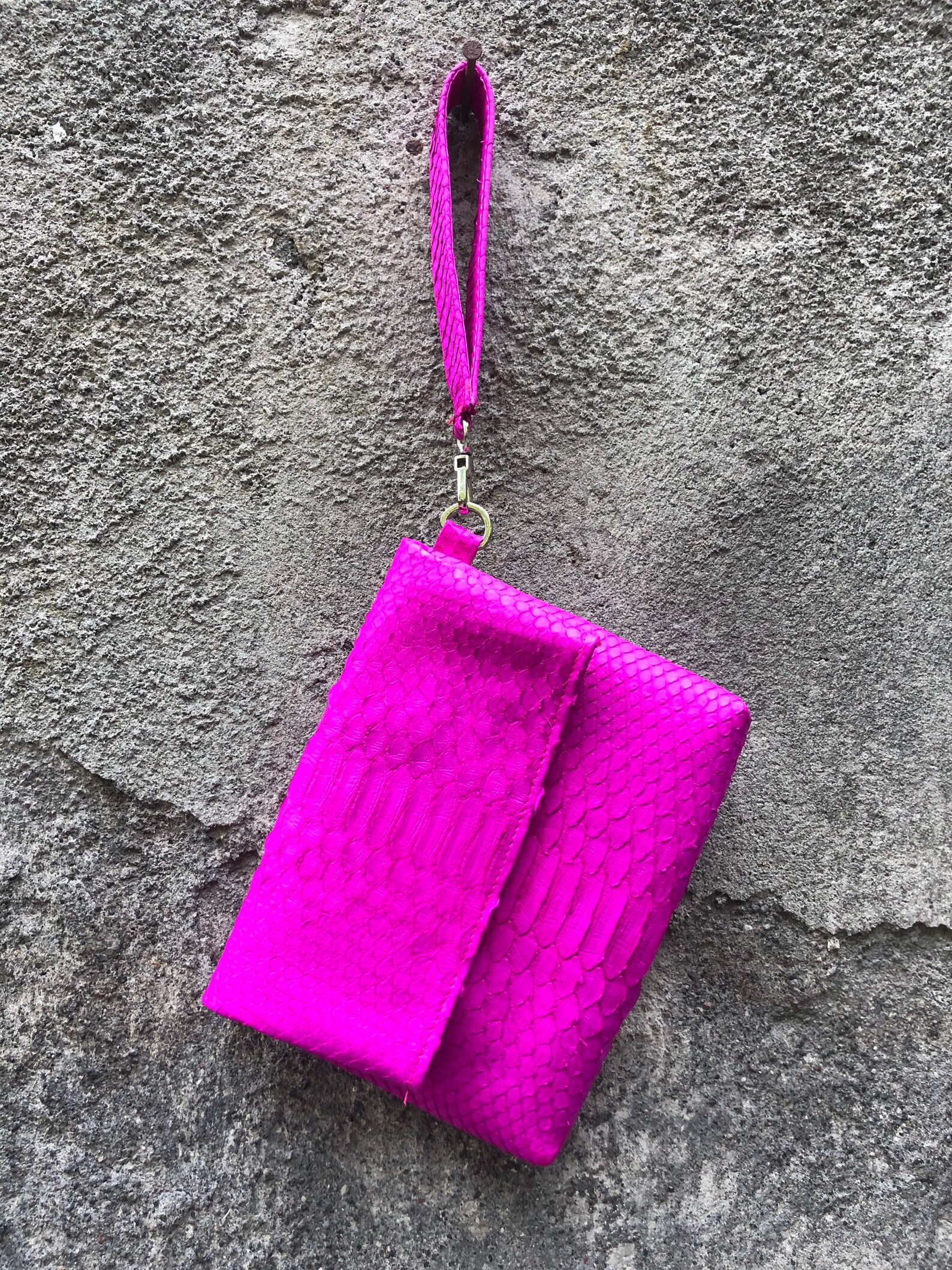 Hot Pink Python Leather Wristlet Clutch Small Leather Evening | Etsy