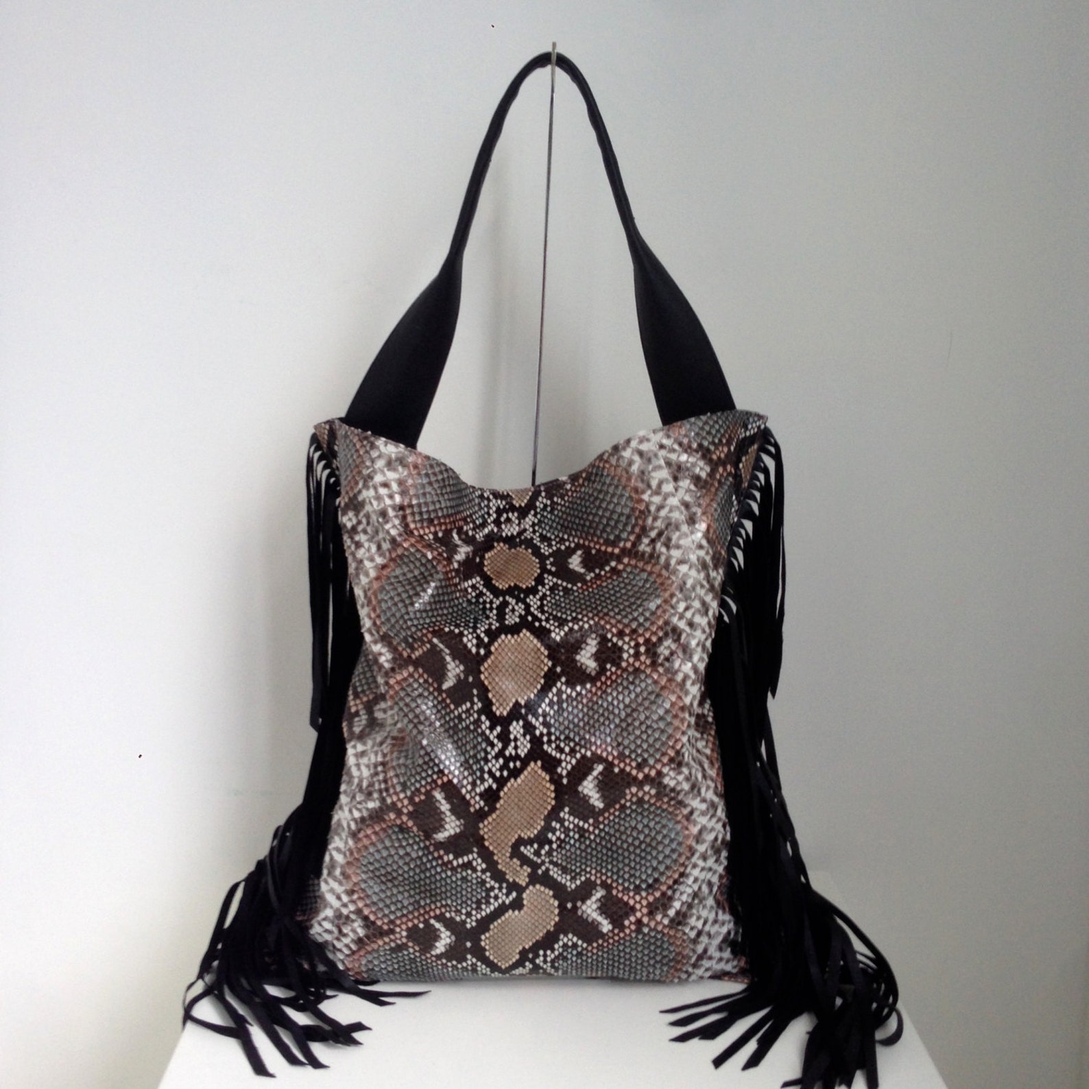 Python Leather Fringe Tote Bag Slouchy Boho Fringe Bag | Etsy