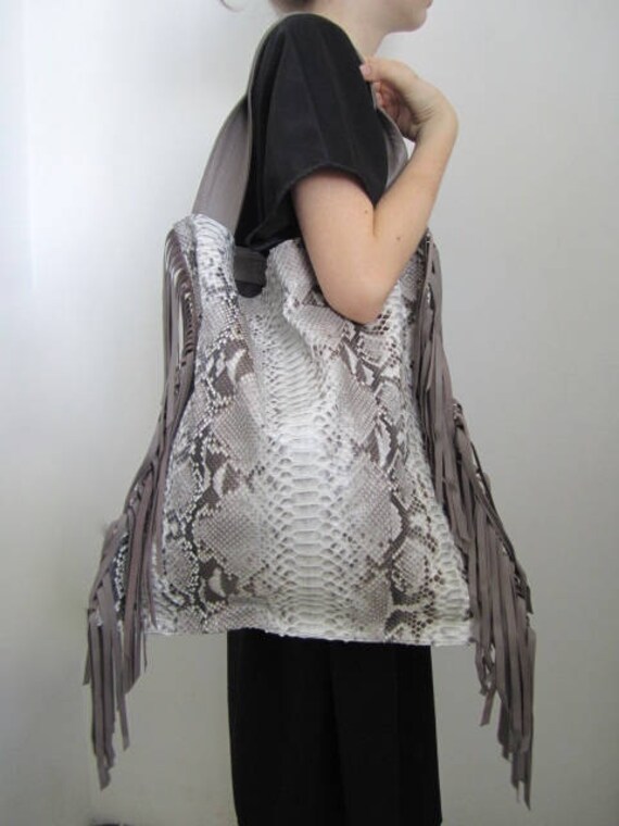 Python Leather Fringe Tote Bag Slouchy Boho Fringe Bag - Etsy