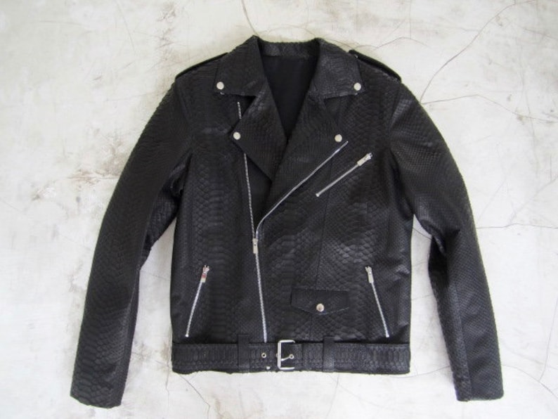 Matt Black Python Leather Biker Jacket Men Leather Moto | Etsy