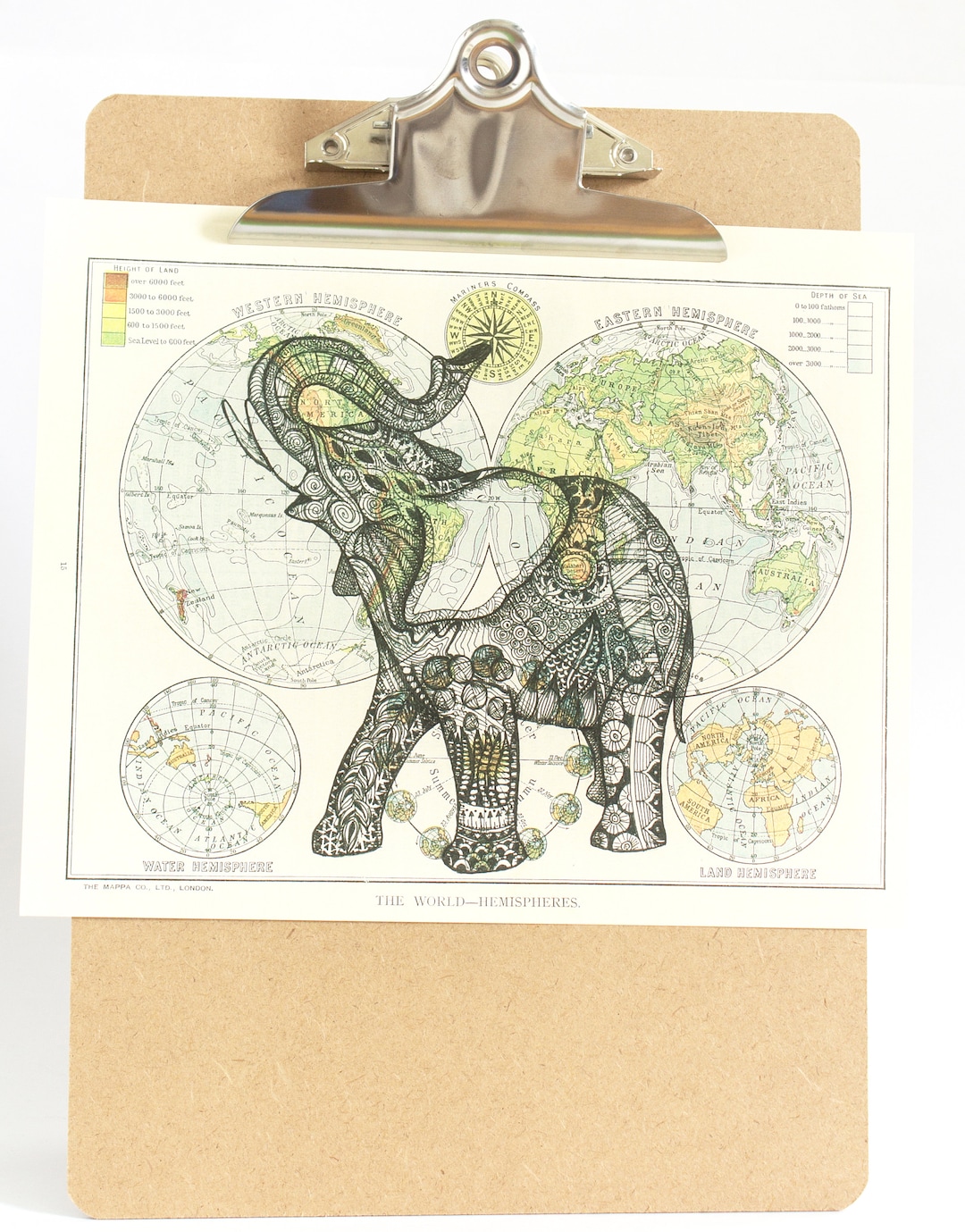 Elephant on World Map, Book Page Art, Book Art Print, Elephant Art, Map ...