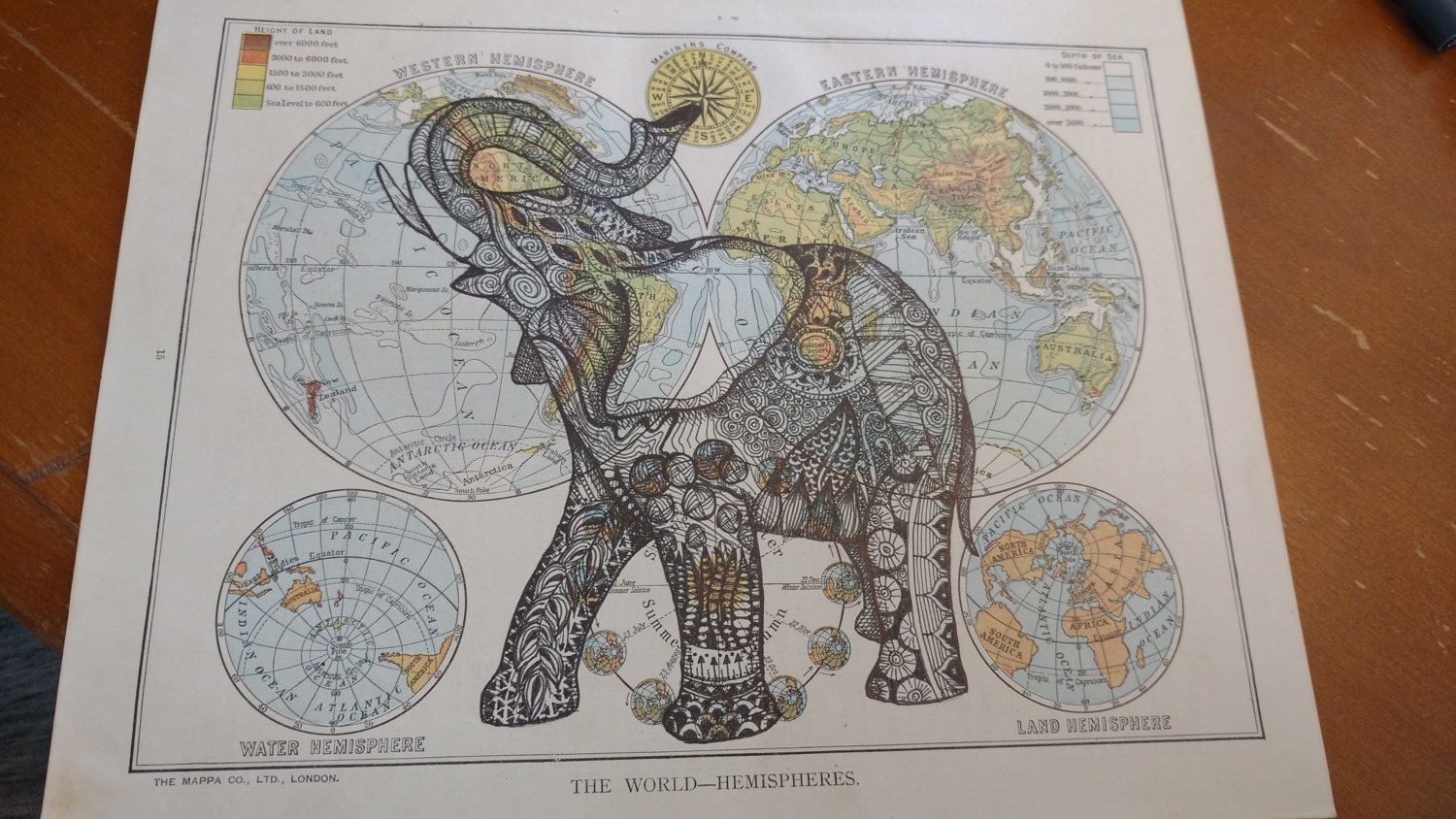 Elephant on World Map, Book Page Art, Book Art Print, Elephant Art, Map ...