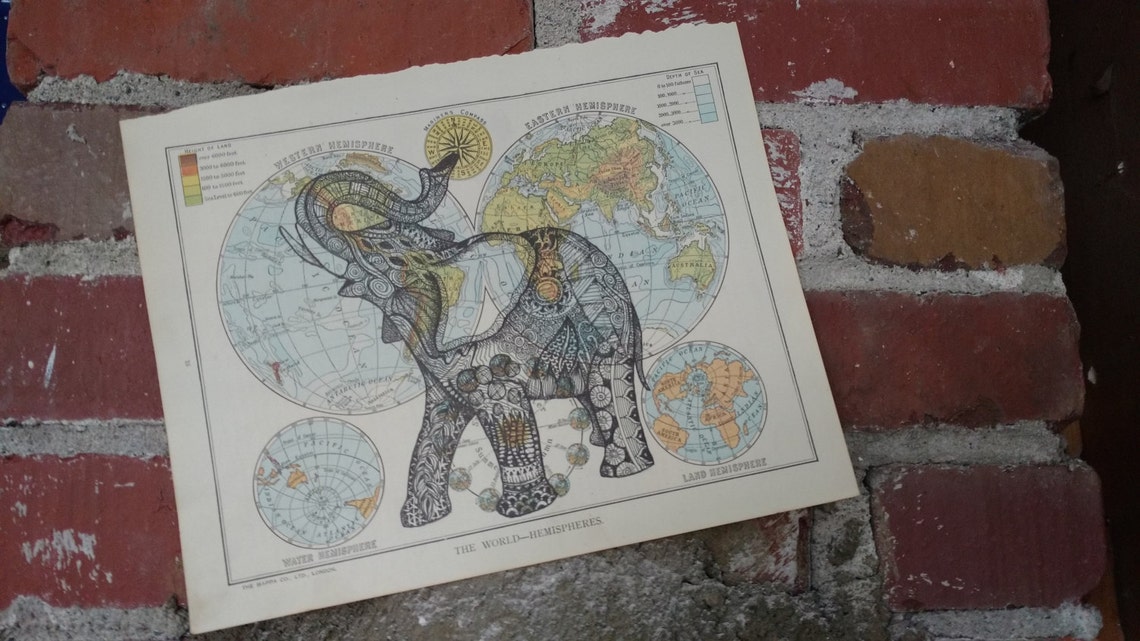 Elephant on World Map Book Page Art Book Art Print Elephant - Etsy