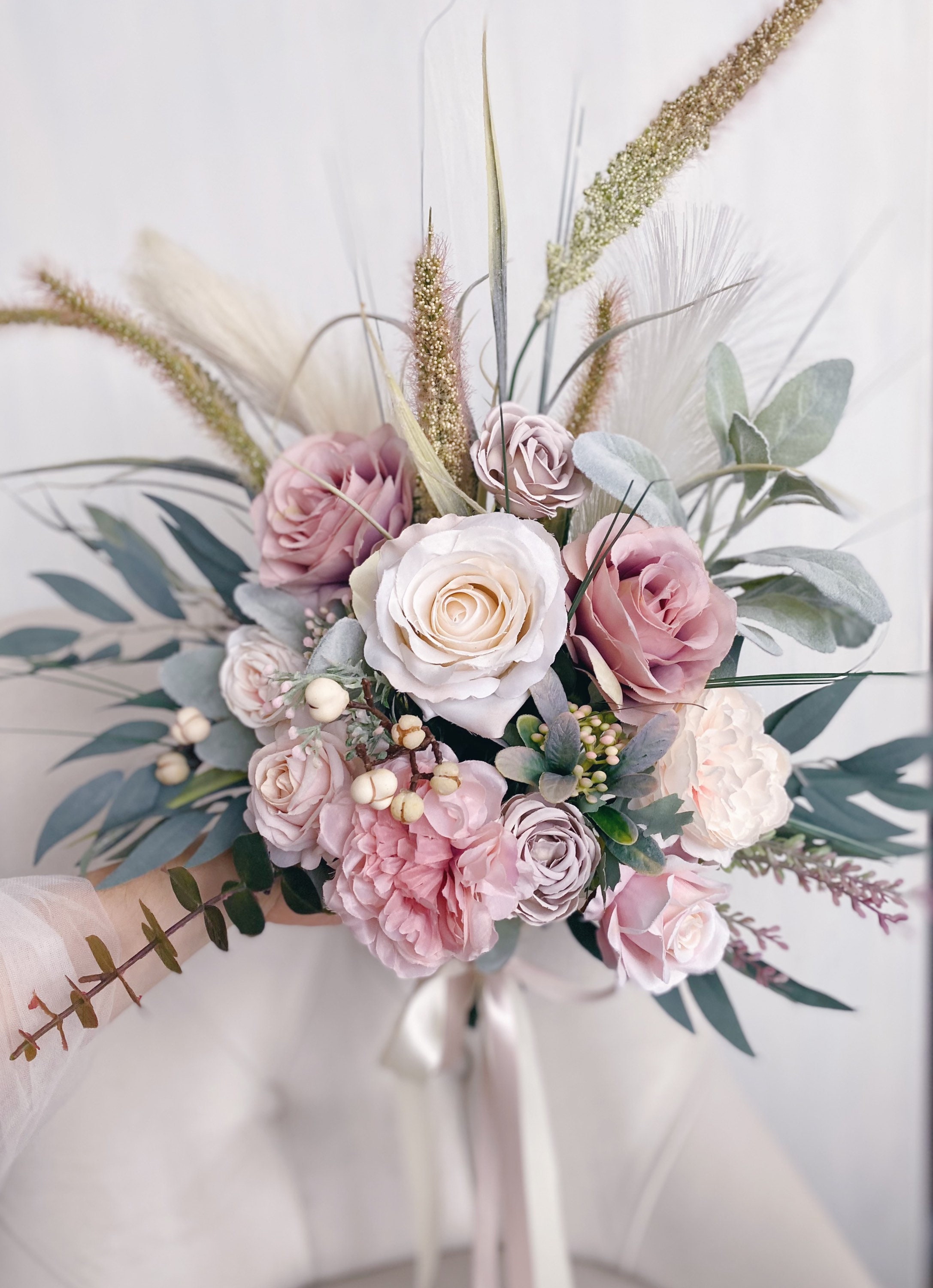 Pampas Grass Wedding Bouquet Boho Wedding Bouquet Dusty Rose Etsy