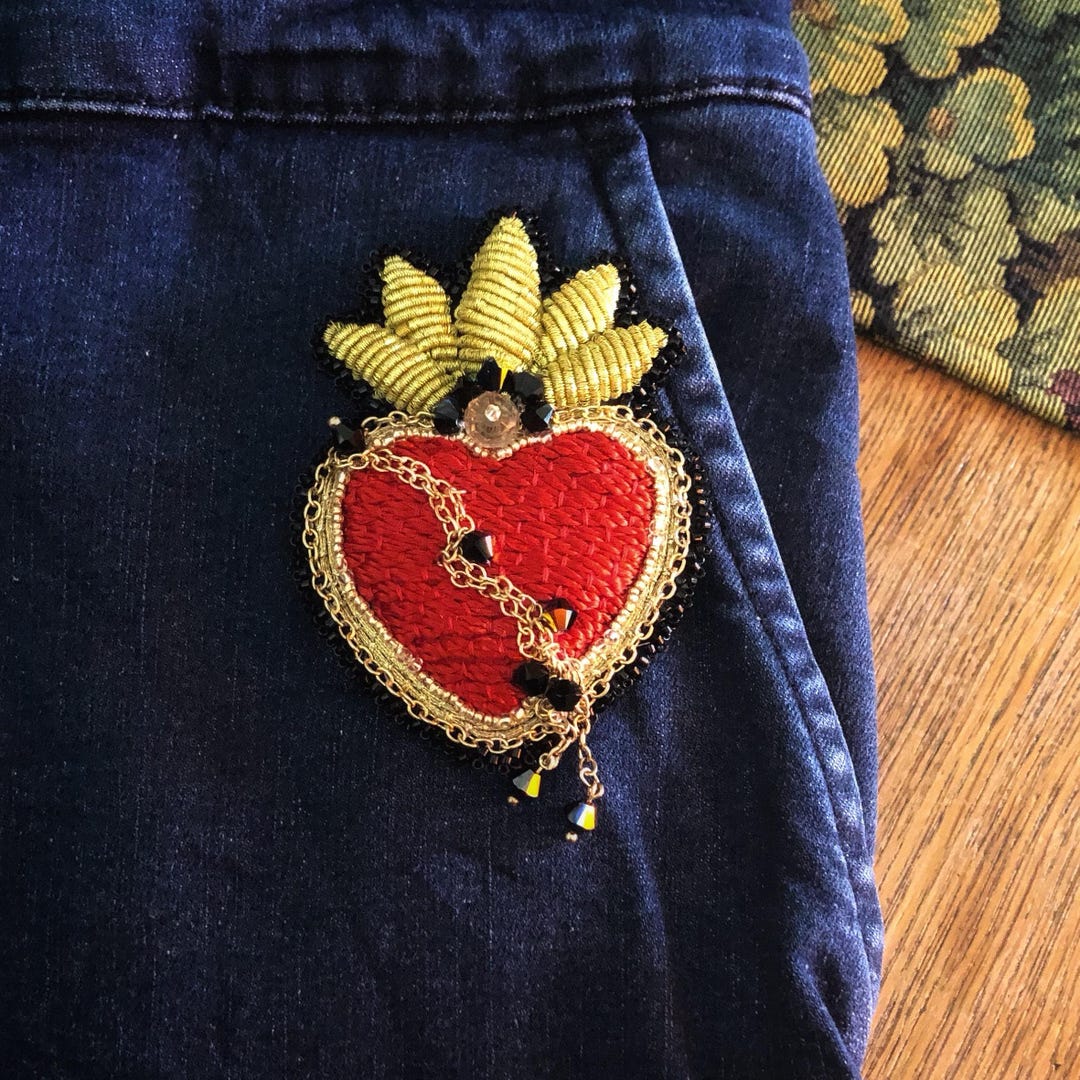 Hand-embroidered Sacred Heart Brooch. Red and Gold Heart Brooch. Heart ...
