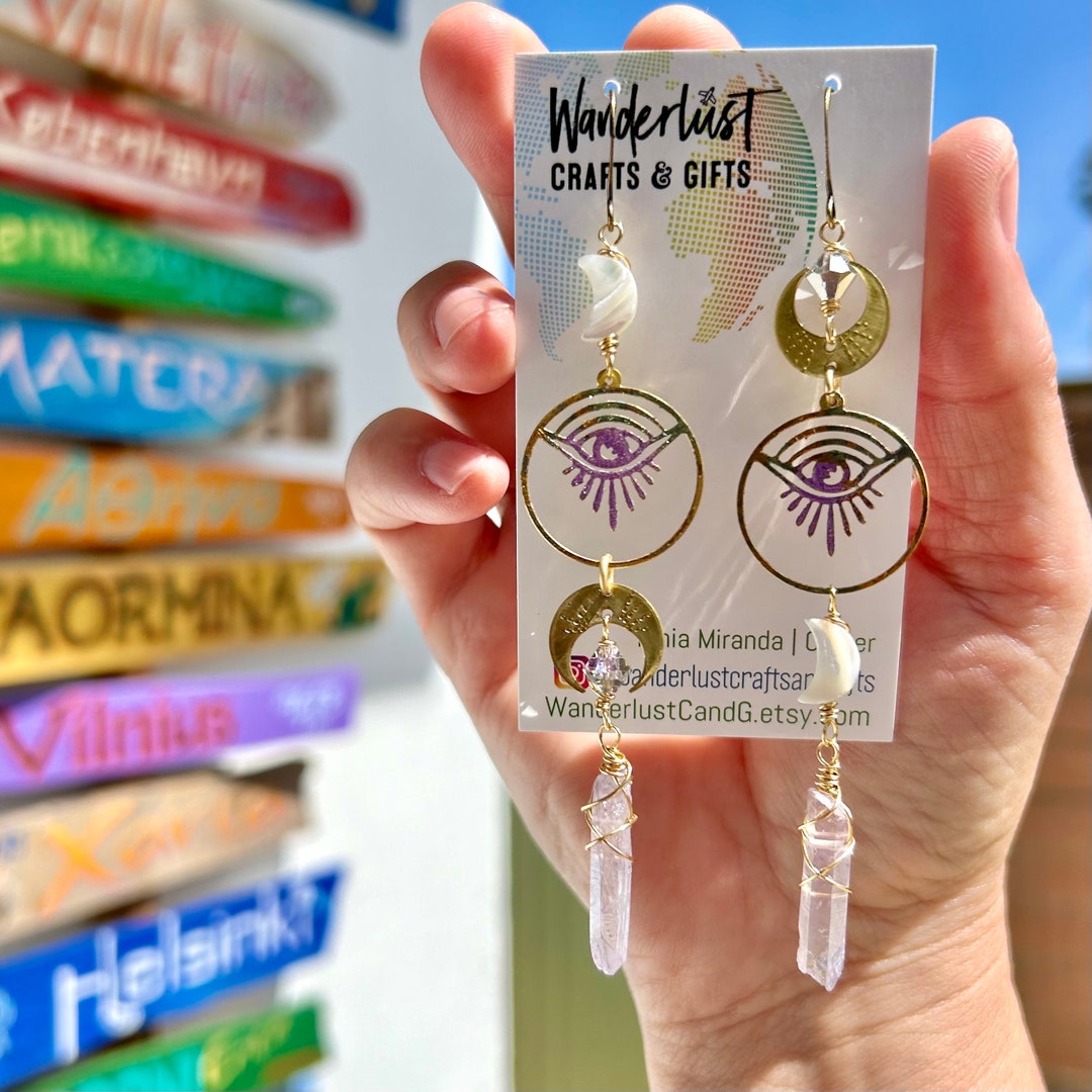 Long Lavender Evil Eye Bobo Asymmetrical Earrings With Mother of Pearl ...