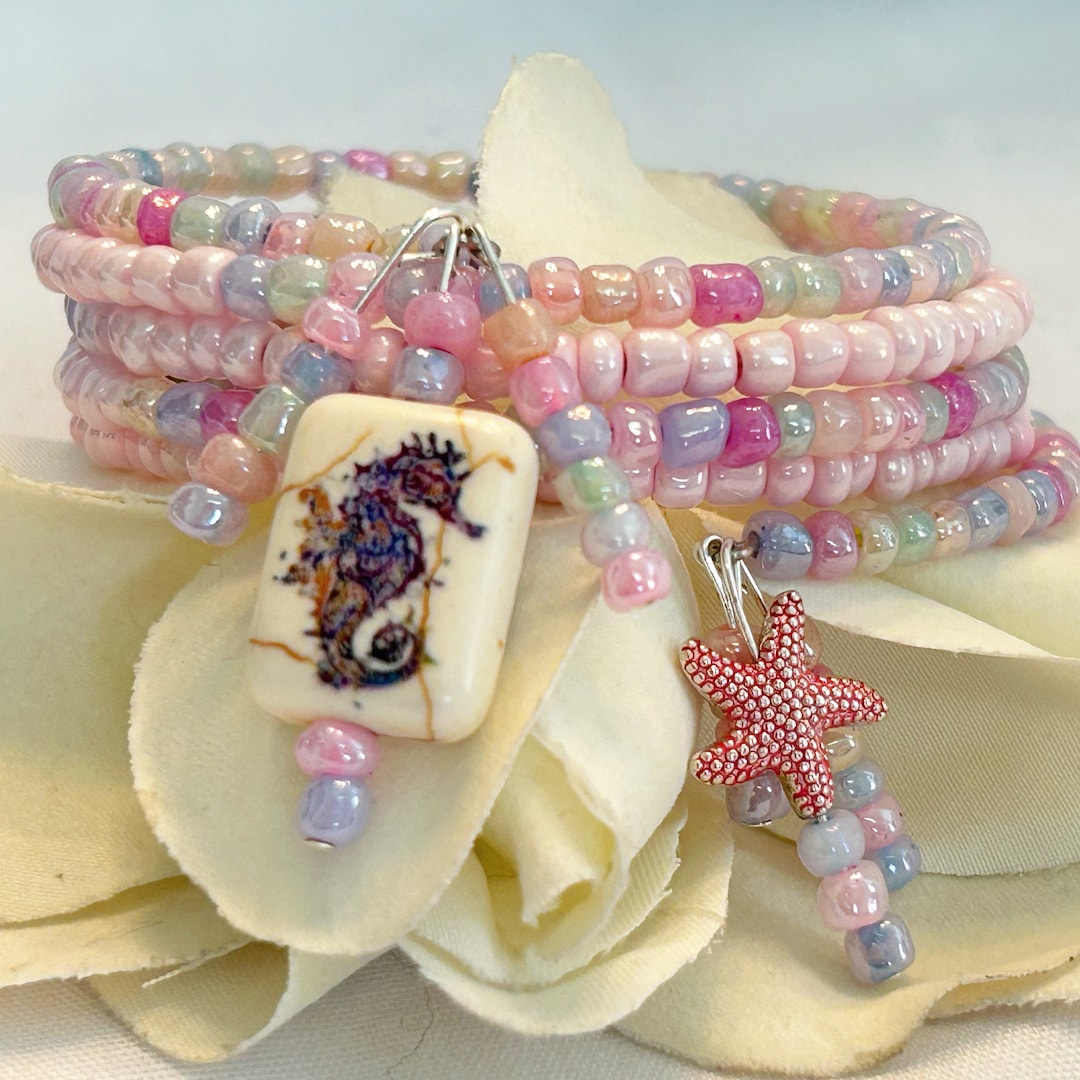 Beach Wrap Bracelet, Seahorse Wrap Bracelet, Tropical Charm Bracelet ...