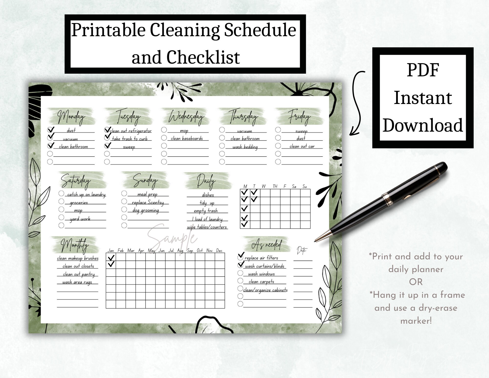 Printable Cleaning Schedule Green, Cleaning Schedule, Cleaning ...