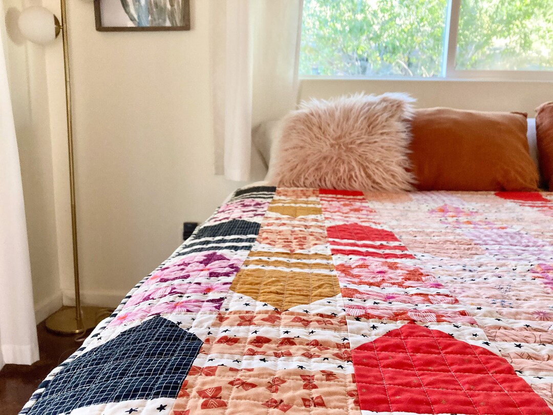 Handmade Patchwork Quilt: Modern Retro Throw, Ruby Star Society Cotton ...