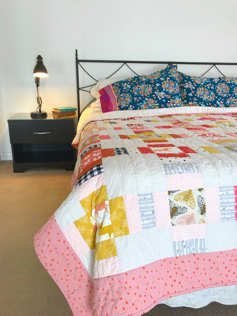 Woodland Twin Quilt Vintage Modern Bed Handmade Patchwork Yellow Pink ...