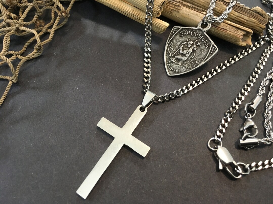 Saint Christopher Cross Set One Stainless Steel Miami Cuban Tarnish ...