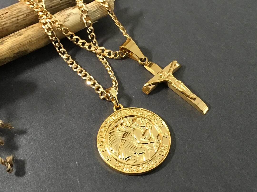 Mens Set 24k Gold Filled St Christopher 24k Gold Cross Crucifix St ...