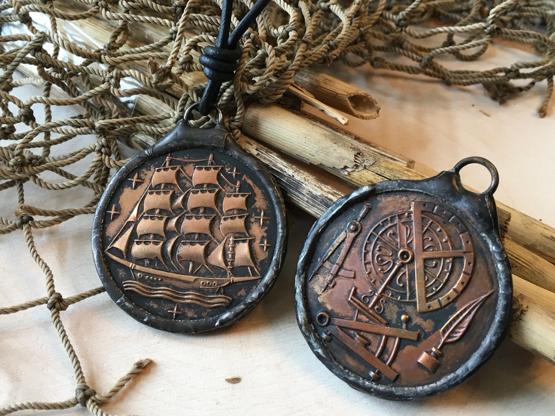 Vintage Ship Medallion Necklace: Double-sided Pendant, Leather or Vegan ...