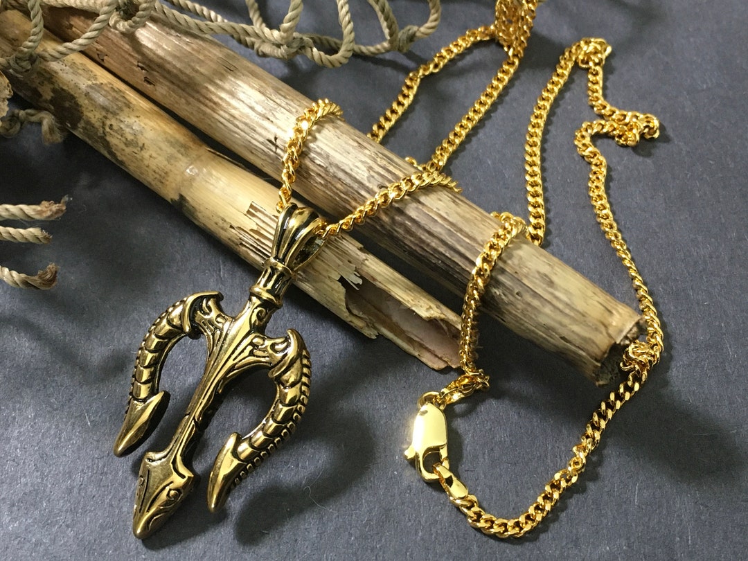 24k Neptune “god of the Sea” Trident Necklace Gold Miami Cuban Link 19” or 23” Gold Chain Link ...