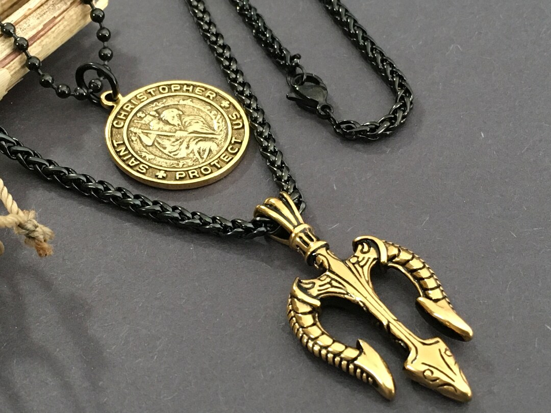 Trident St Christopher Set God of the Sea Poseidon Neptune Pendant on a ...