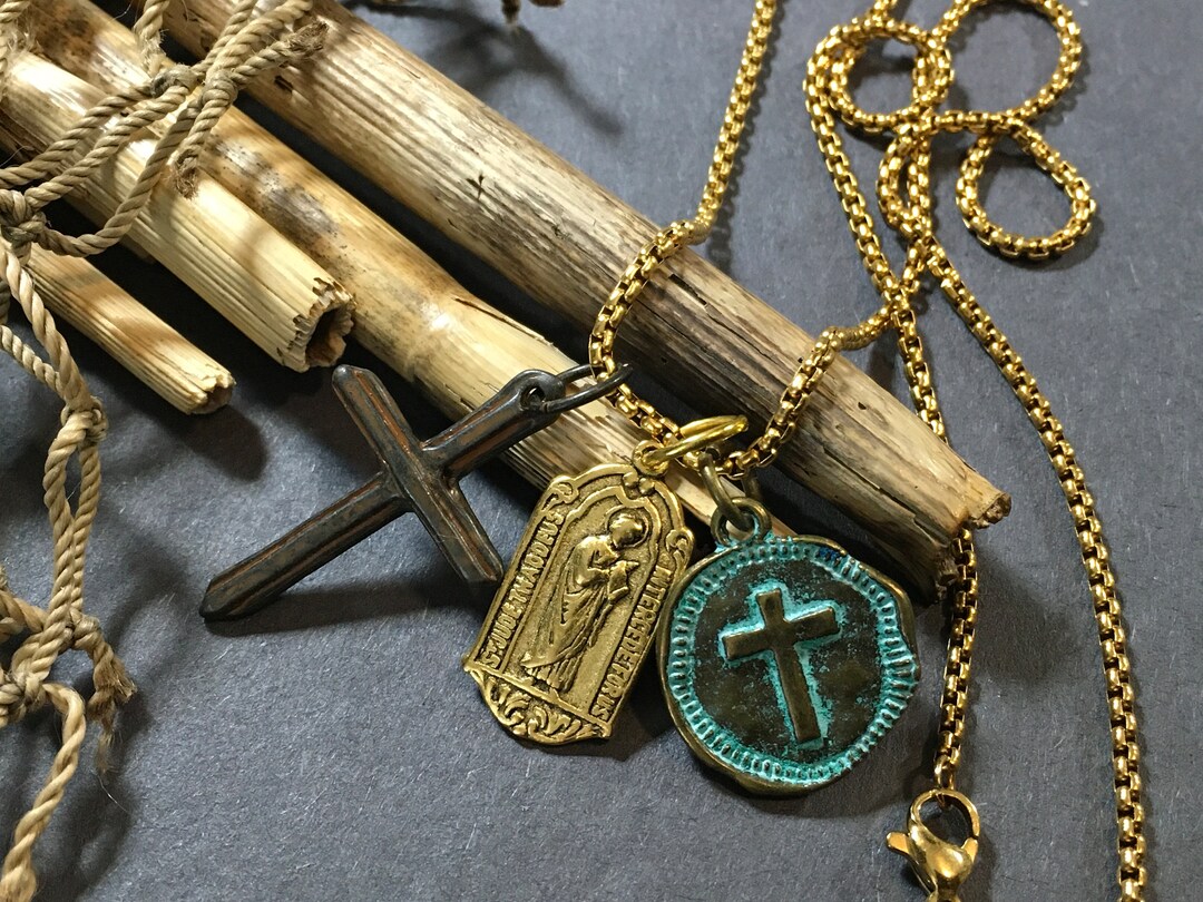 Men's St Jude Necklace: Rustic Cross, Green Patina Coin, Gold Chain - Etsy
