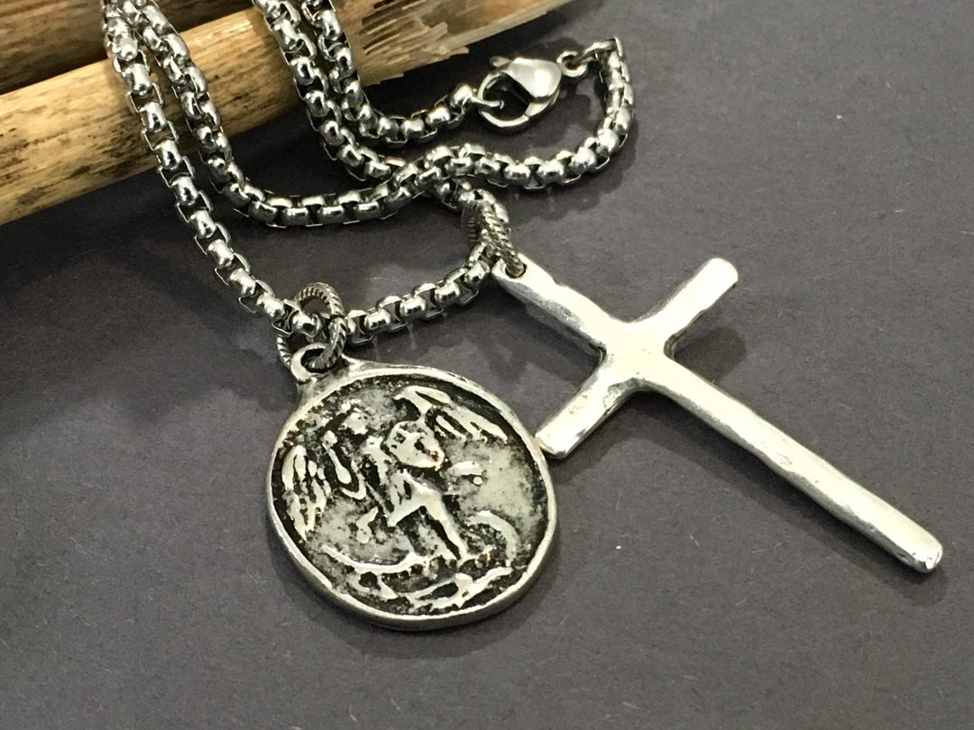 Mens St Michael & Hammered Cross Pendant: Antique Silver Necklace - Etsy