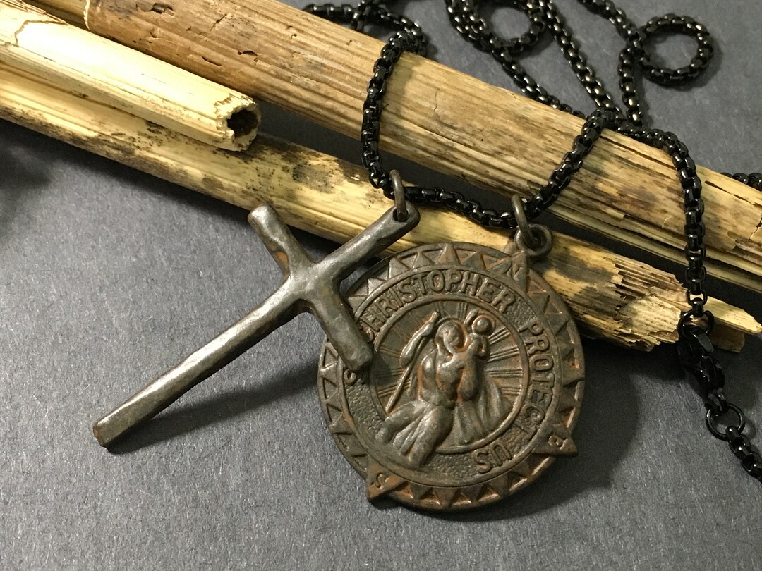 Rustic St Christopher and Rustic Cross Pendant Catholic Necklace St ...