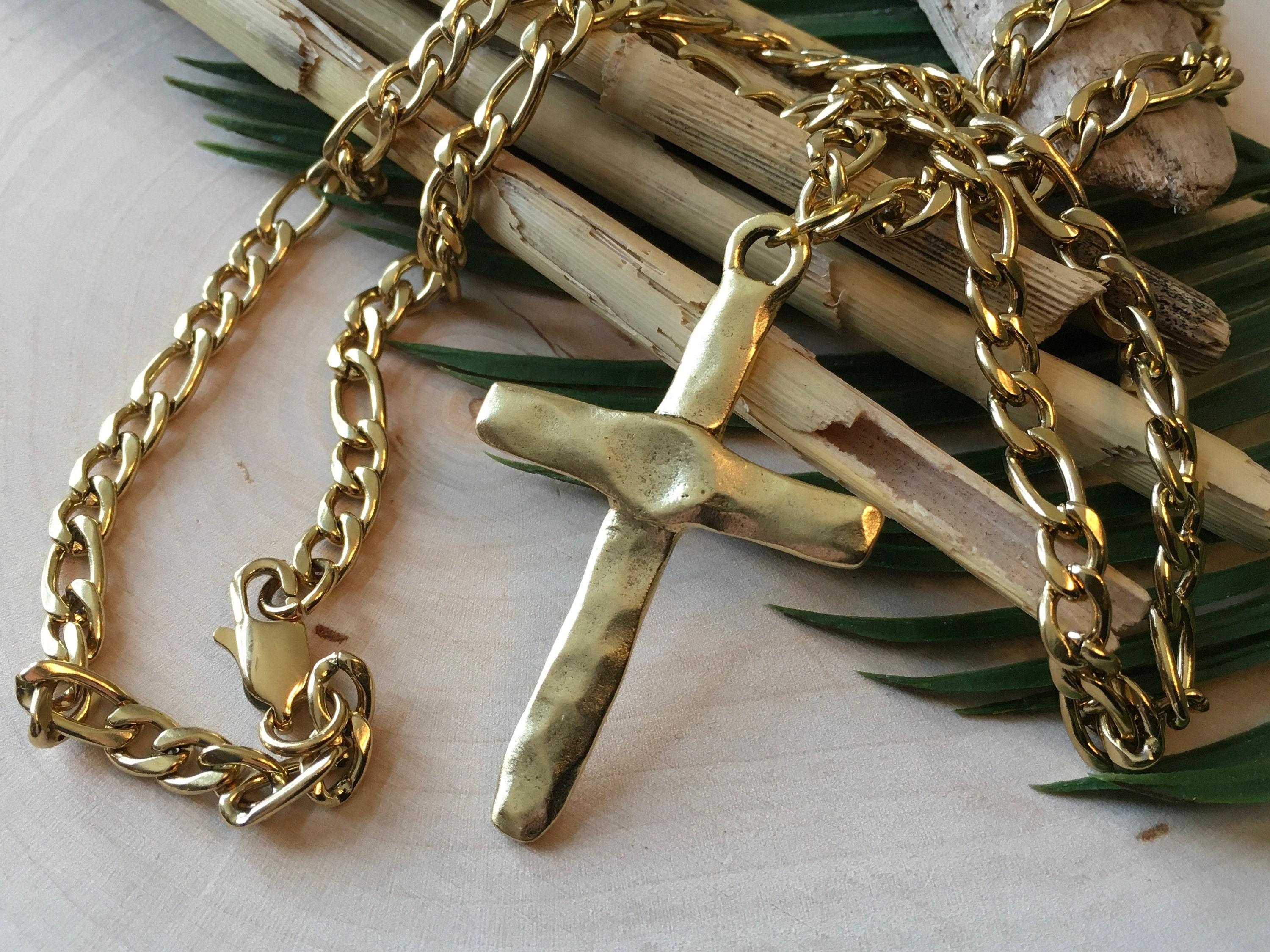 Gold 18k Cross Necklace Large Pewter Hammered Artisan Cross on | Etsy