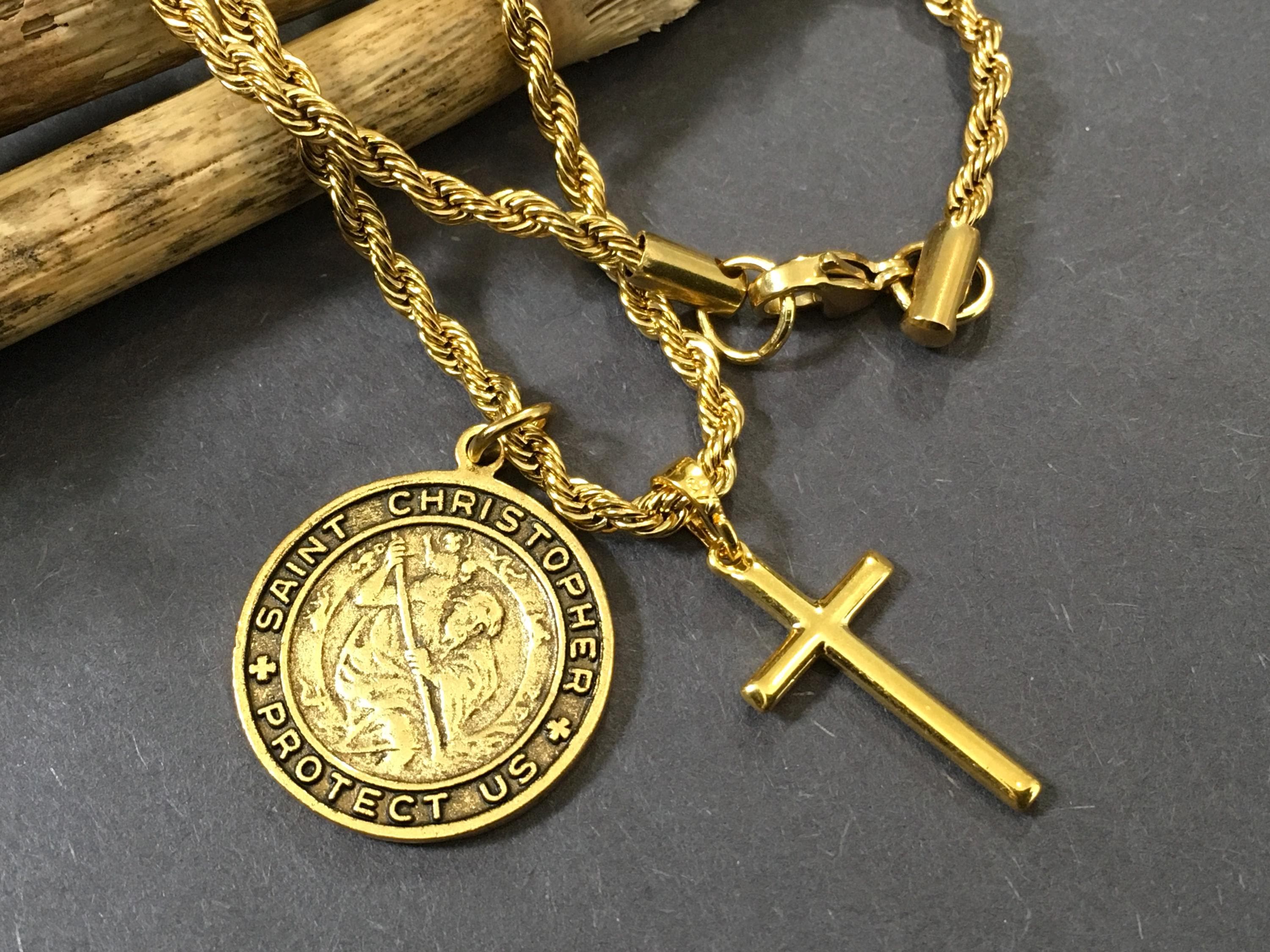 St Christopher Antique Gold Double Sided Pendant Medallion and Small Minimalist Gold Filled Cross and a Gold Stainless Steel Rope Chain Etsy