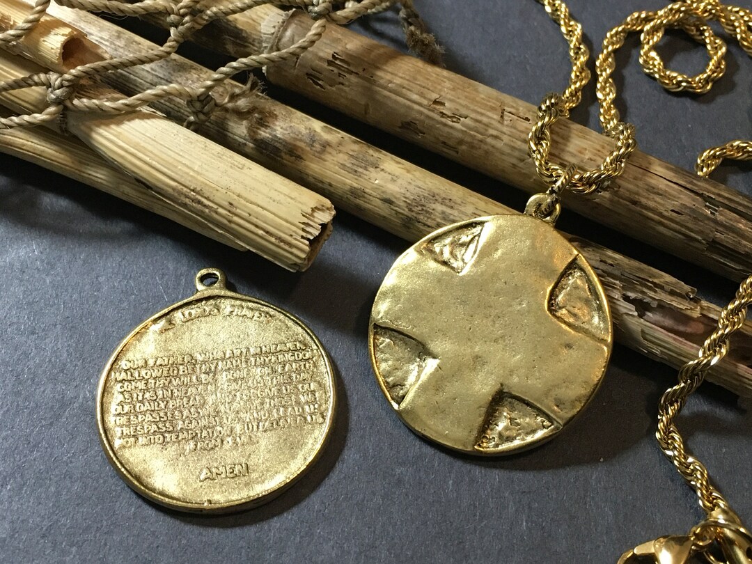 12k Gold Lord's Prayer Pendant Necklace: Double Sided Rope Chain - Etsy