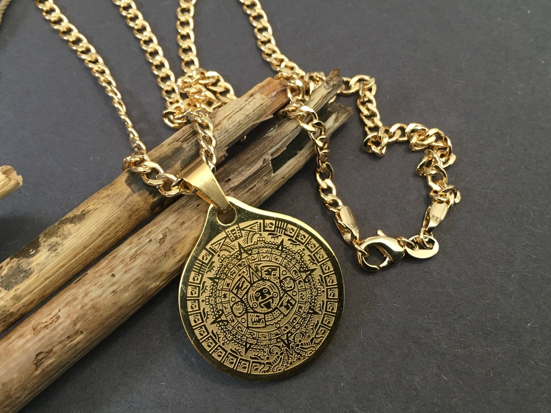 Men 18k Gold Mayan Aztec Sun Calendar Pendant on a 18k Gold Miami Cuban ...